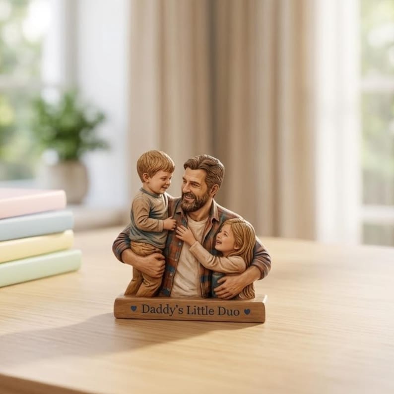 Custom Photo Dad With Kids Wooden Block, Personalized Father Son ...