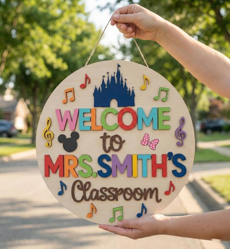 Custom Welcome Classroom Door Sign, Music Teacher Sign, Disney Teacher ...