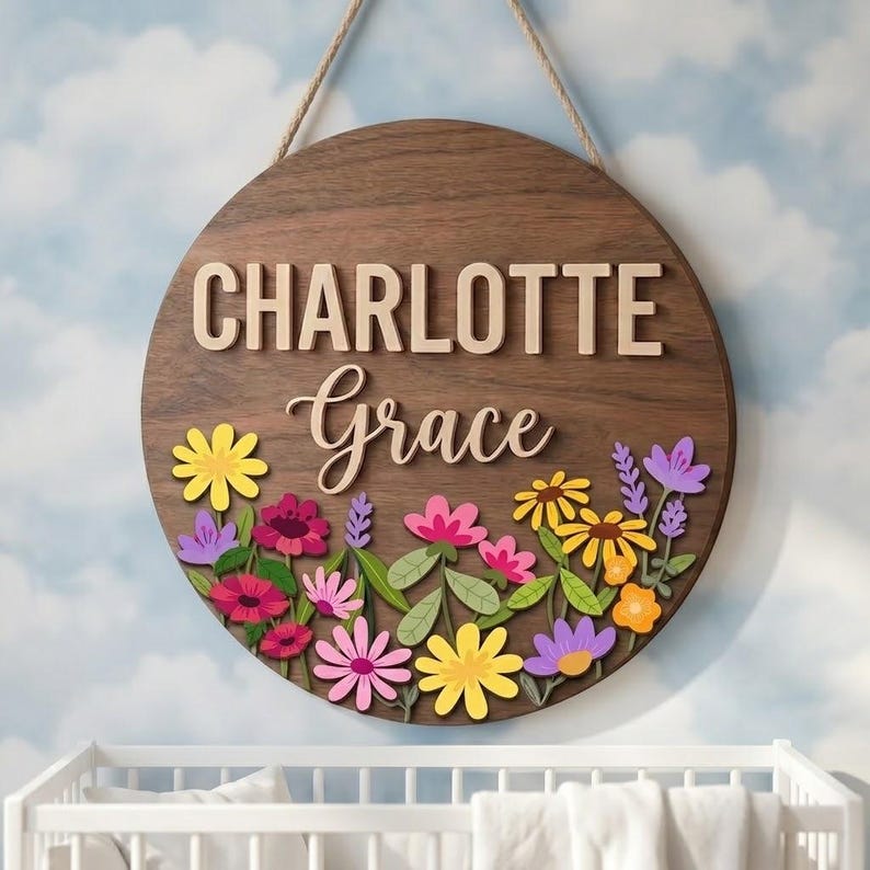 Personalized Wildflower Wooden Name Sign, Custom Floral Nursery Sign ...