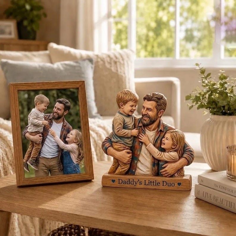 Custom Photo Dad With Kids Wooden Block, Personalized Father Son ...