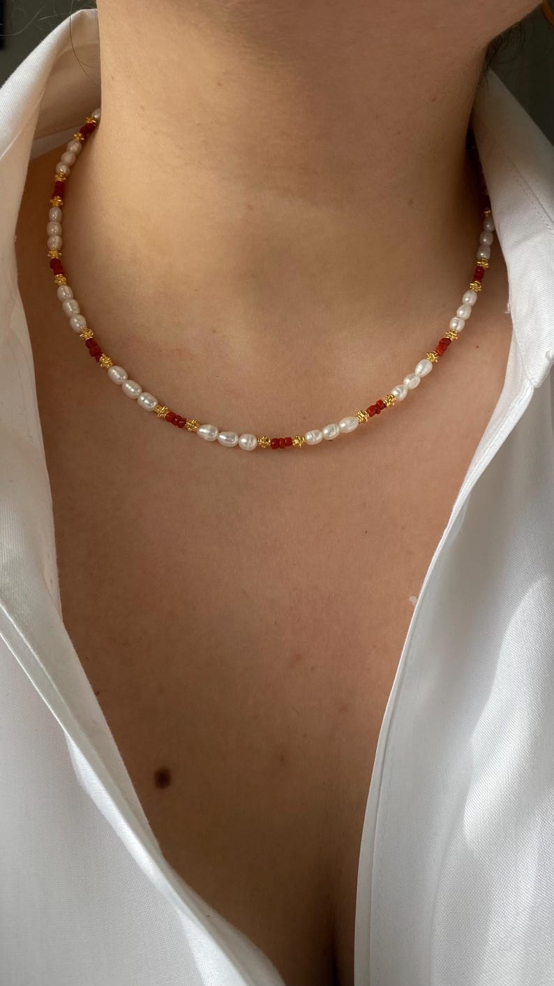 Dainty Natural Pearl and Coral Necklace, Geniune Red Coral Chocker - Etsy