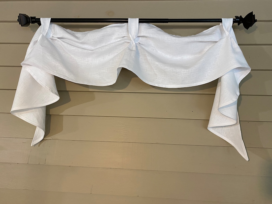 Pure WHITE Linen VICTORY Swag Valance for Exposed Rod Simple Minimalist ...