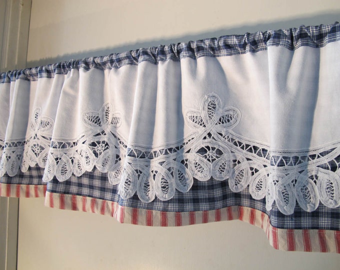 Battenburg Trim Valance, Red White Blue Valance, Woven Plaid and ...