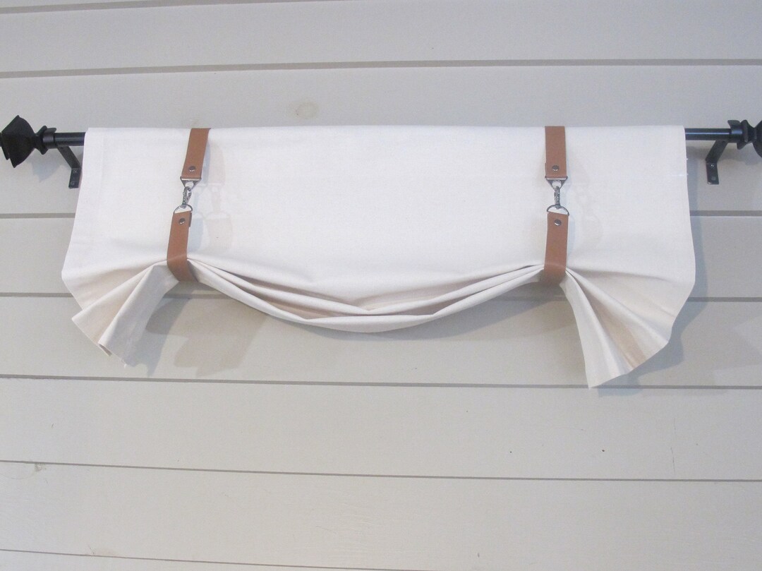 Custom Width Swag Valance With Faux Leather Straps, Unbleached Cotton ...