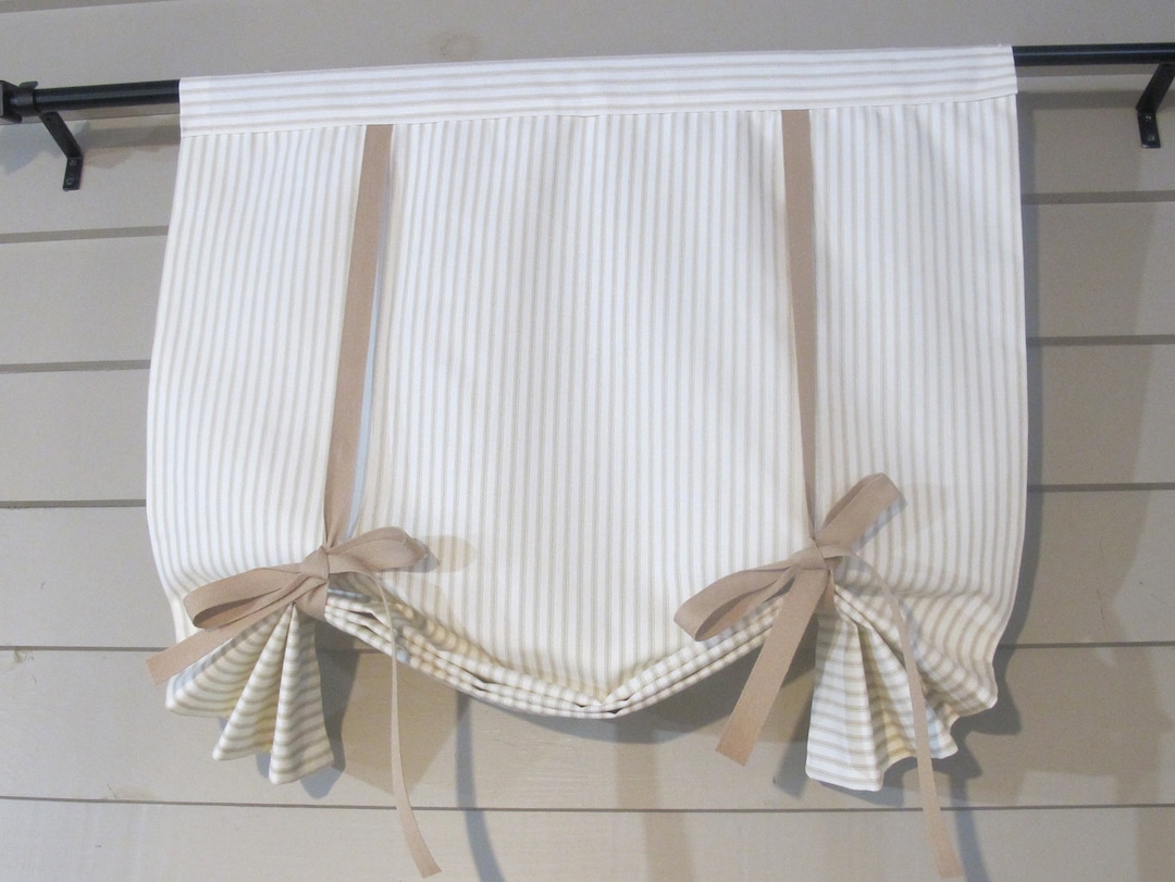 Tie up Window Shade, Tan Cotton Ticking Stripe, Custom Widths 60L or ...
