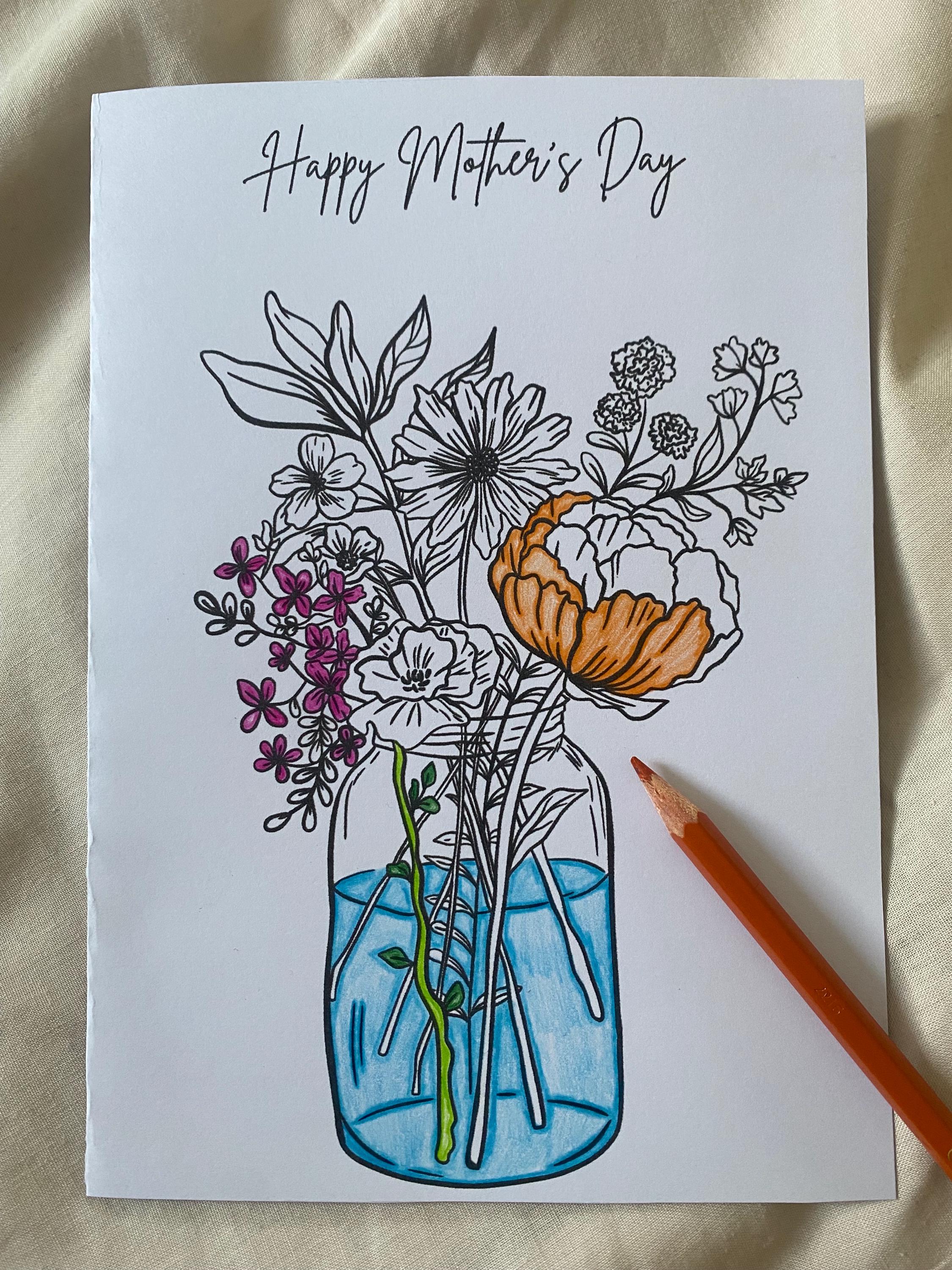Mother’s Day Color-in Card – DIY Floral Vase Design for Kids – Fun ...