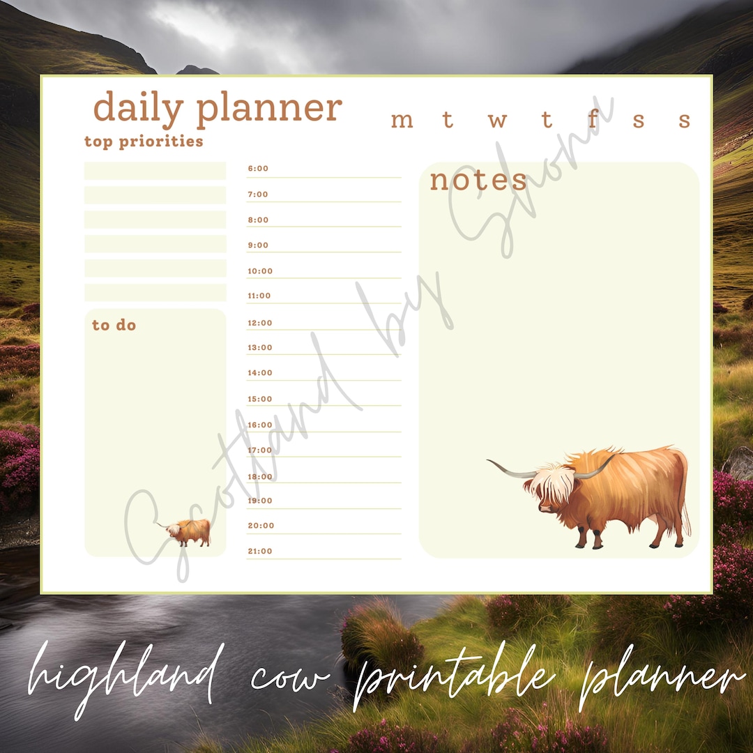 Highland Cow Daily Planner Printable. Scotland Printable Daily Planner ...