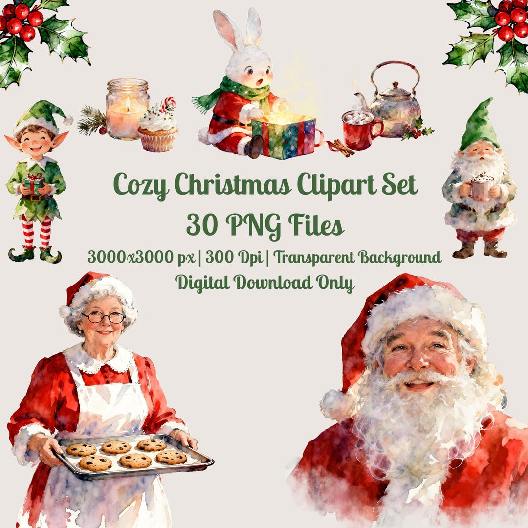Cozy Christmas Clipart Collection: Watercolor Holiday PNG Set for Cards ...