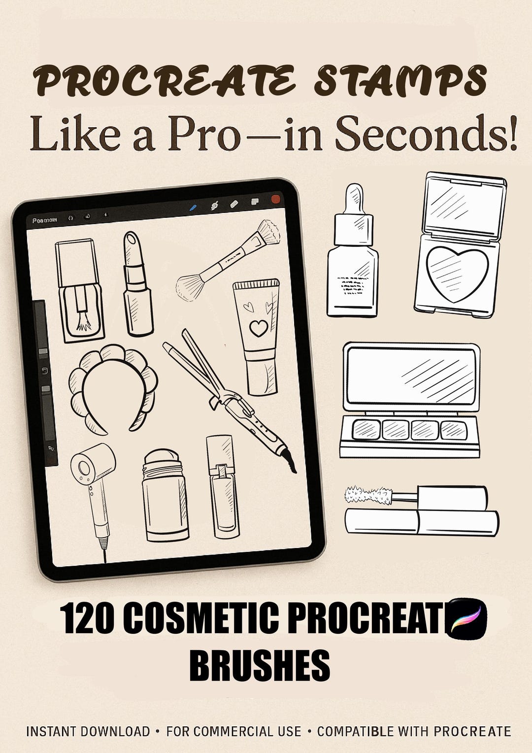 120 Procreate Cosmetic Stamps – Beauty & Makeup Line Art Brush Set for ...