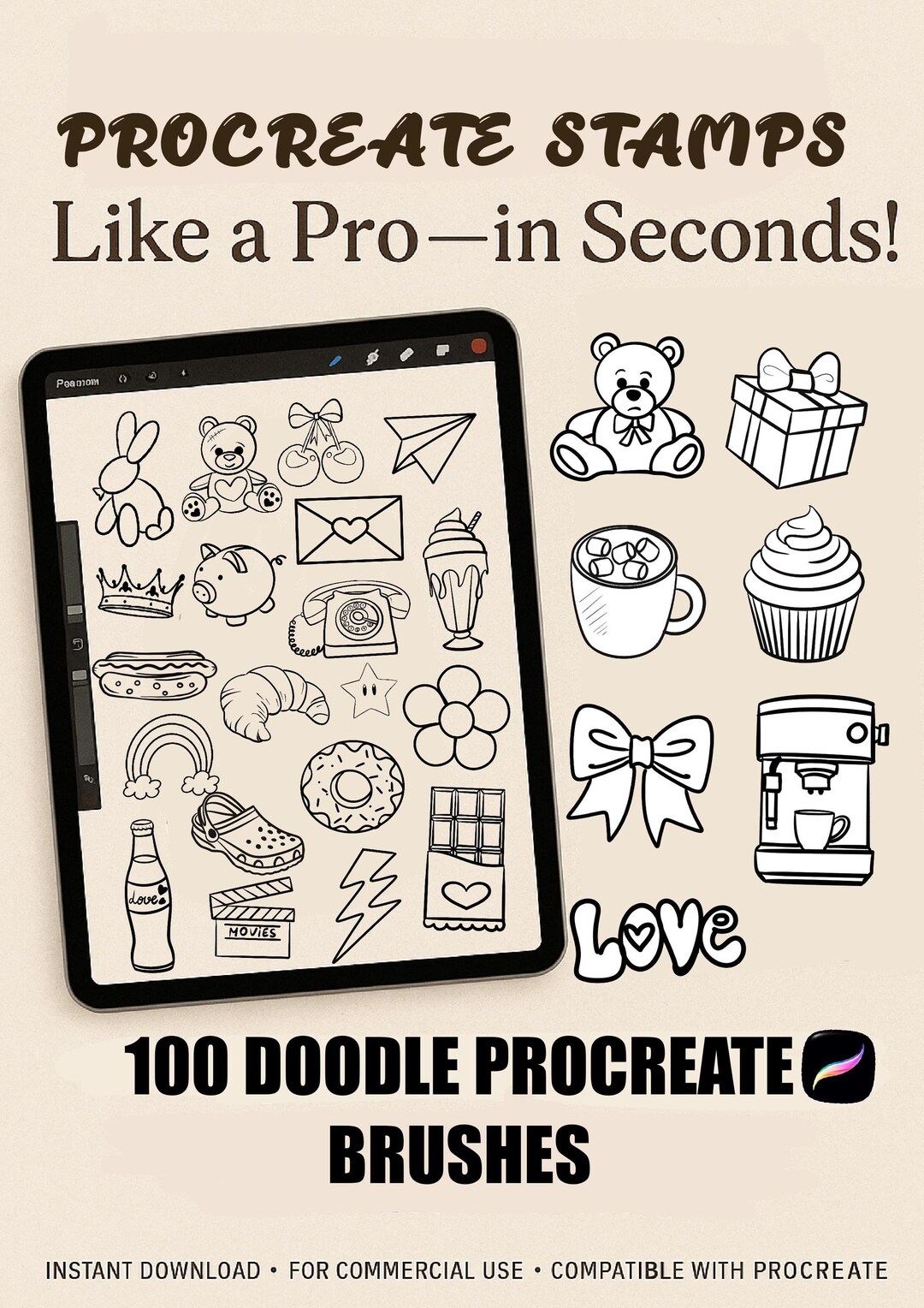 Procreate 100 Doodle Stamp Brushes, Random Brush Stamps, Heart Food ...