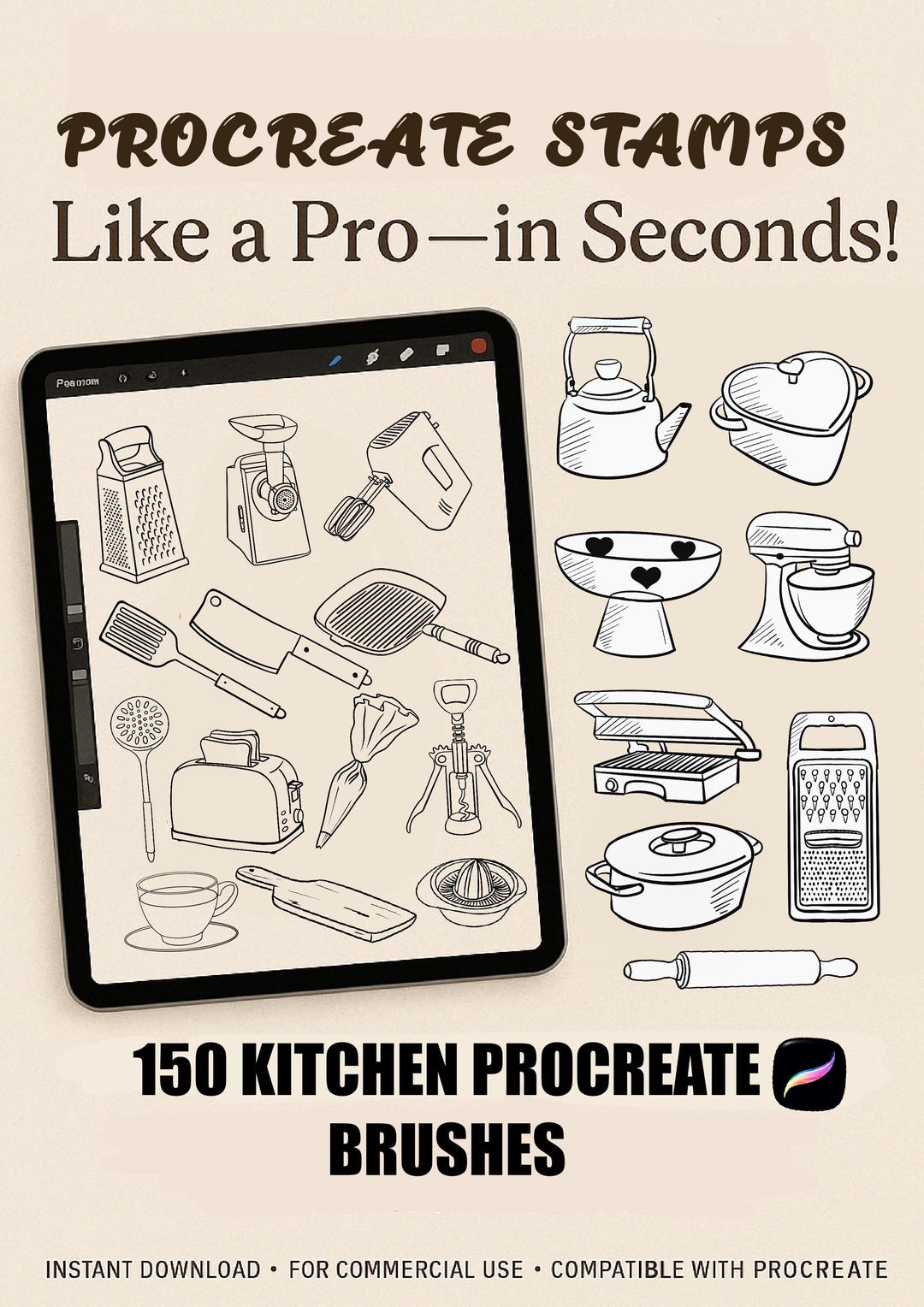 150 Kitchen Procreate Stamps – Cooking & Baking Brushes for Procreate ...