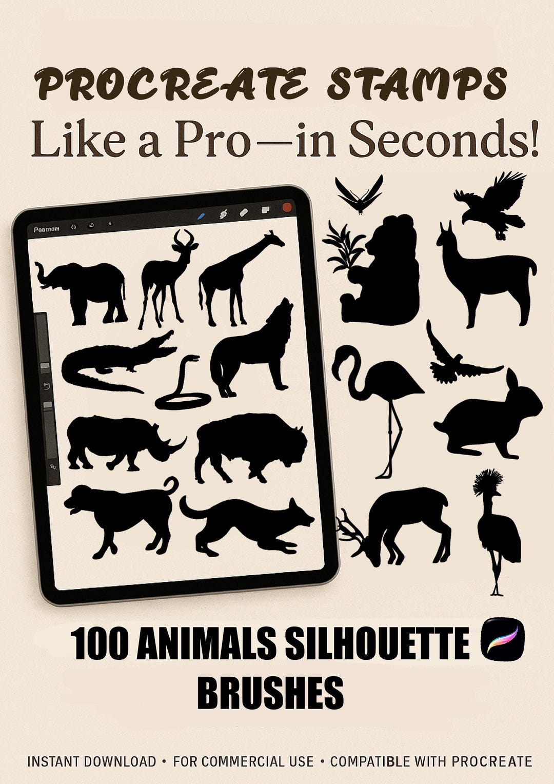 100 Procreate Animal Silhouette Brushes – Wildlife Stamp Set for iPad ...