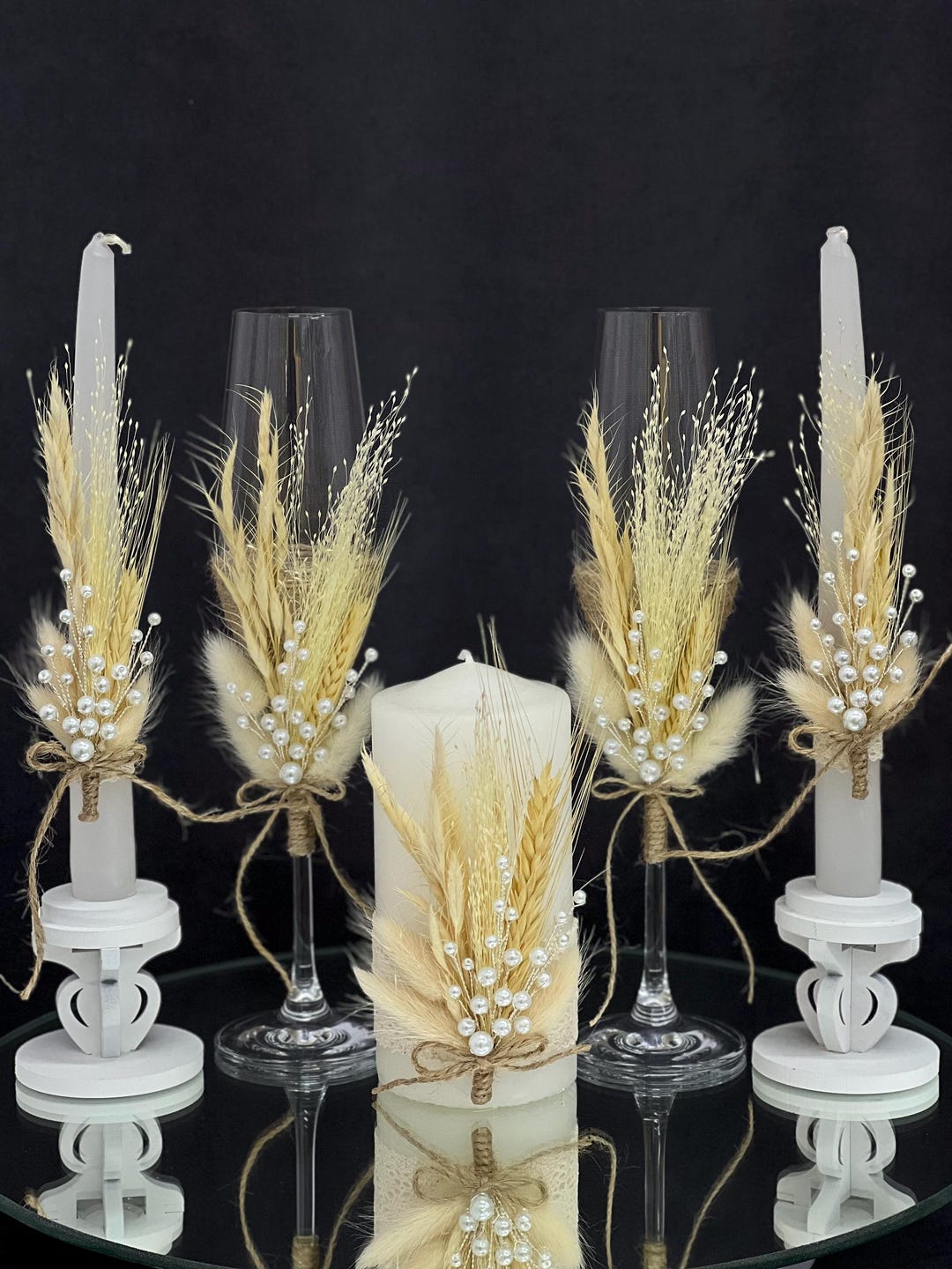 Emerald Maroon Cream Wedding Set Champagne Flutes Unity Candle Dried ...