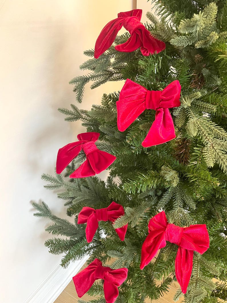 Handmade Red Velvet Christmas Tree Bows A Set of 6 Home Decorations Festive Ribbon Ornaments ...