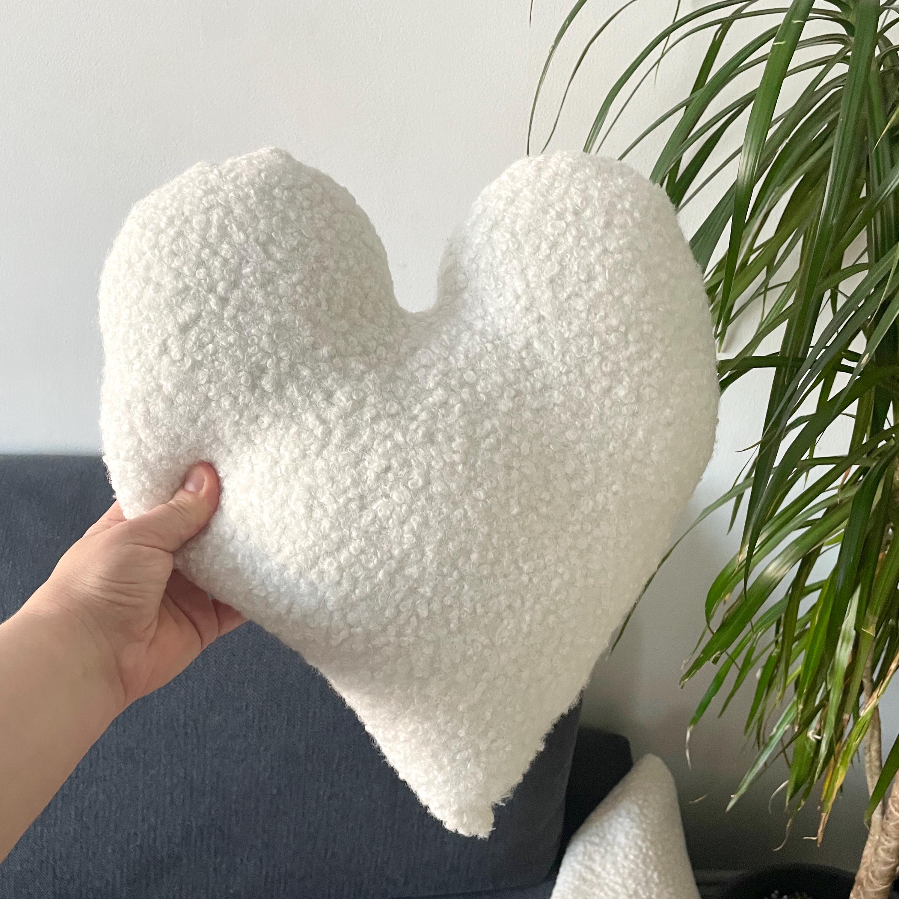 White Boucle Teddy Heart Shaped Cushion, Valentines Day Accent Pillow ...