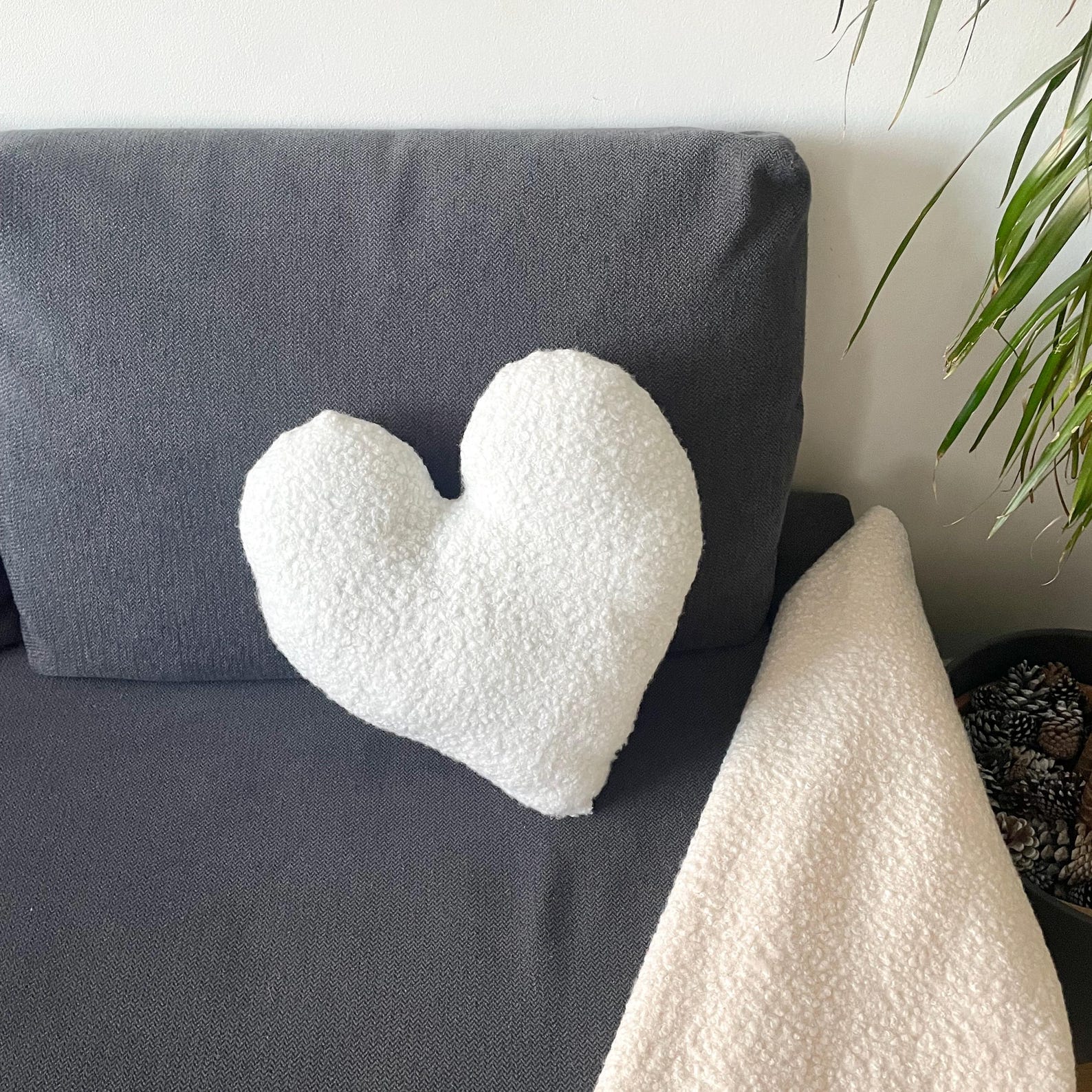 White Boucle Teddy Heart Shaped Cushion, Valentines Day Accent Pillow ...