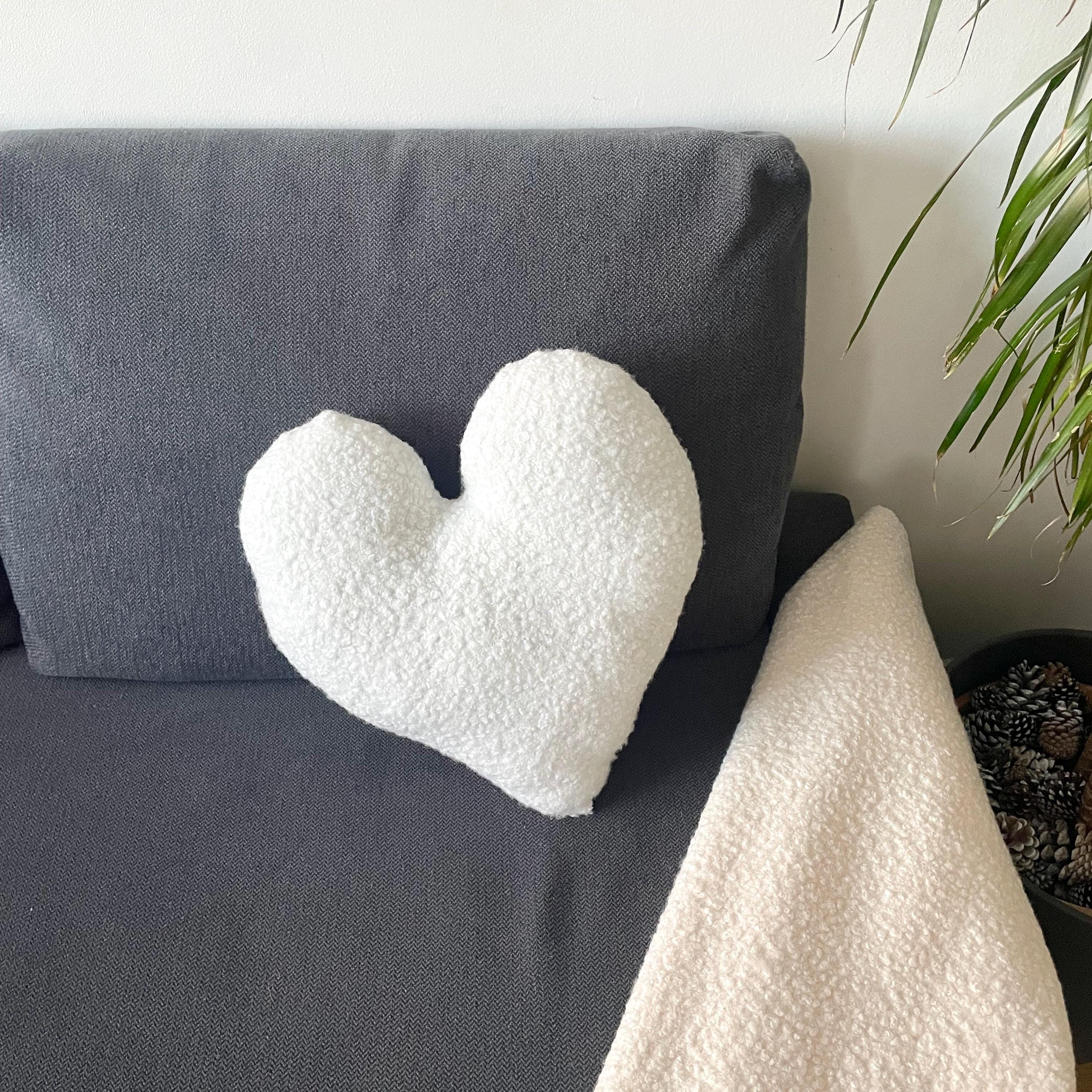 White Boucle Teddy Heart Shaped Cushion, Valentines Day Accent Pillow ...