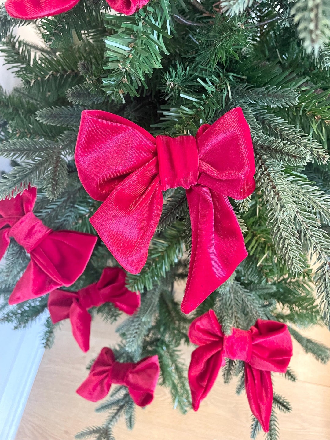 Handmade Red Velvet Christmas Tree Bows A Set of 6 Home Decorations ...