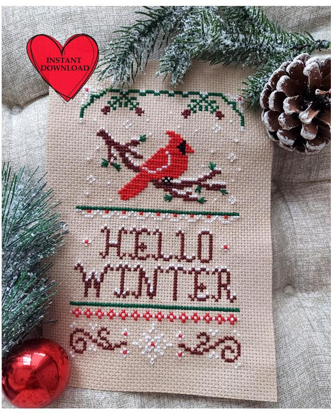 Hello Winter Cross Stitch Pattern Red Cardinal Sampler Christmas ...