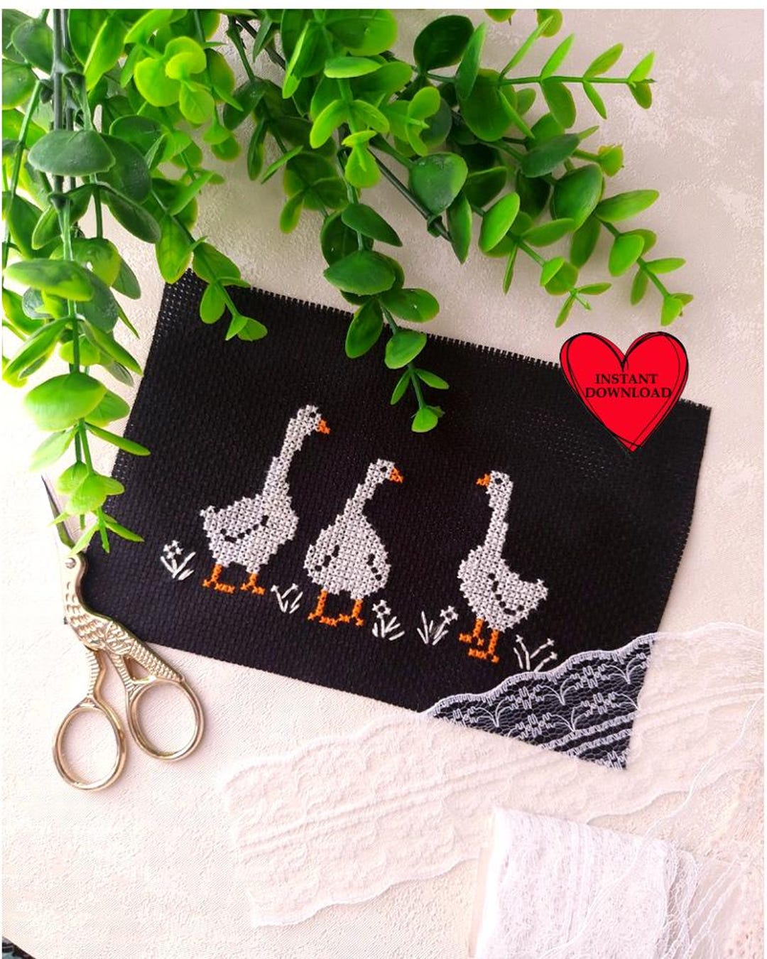 Three White Geese Cross Stitch Pattern, Monochrome Simple Goose Cross ...