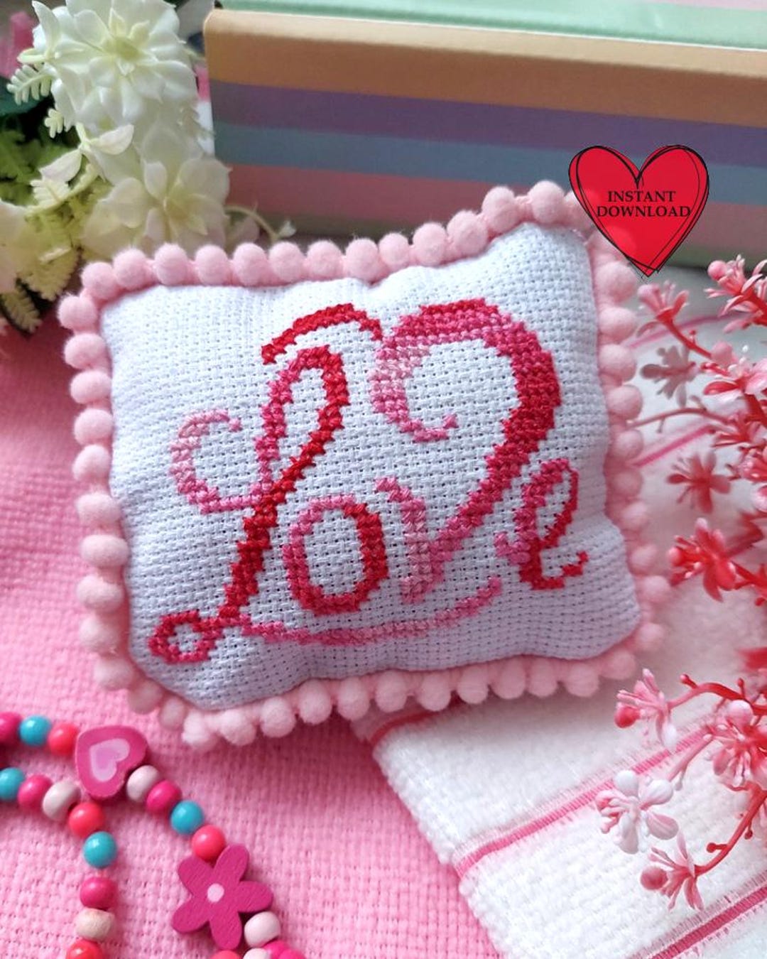 Love Lettering Cross Stitch Pattern Valentines Day Multicolored ...