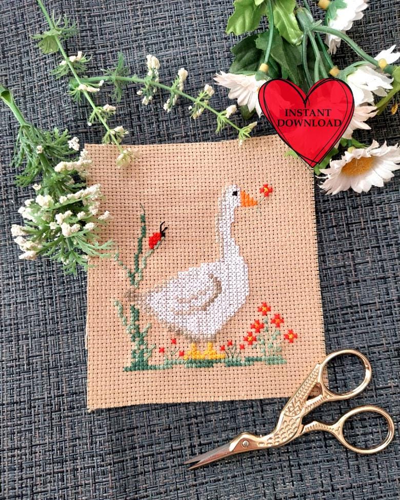 Goose Cross Stitch Pattern, Embroidery for Beginners, White Goose on ...
