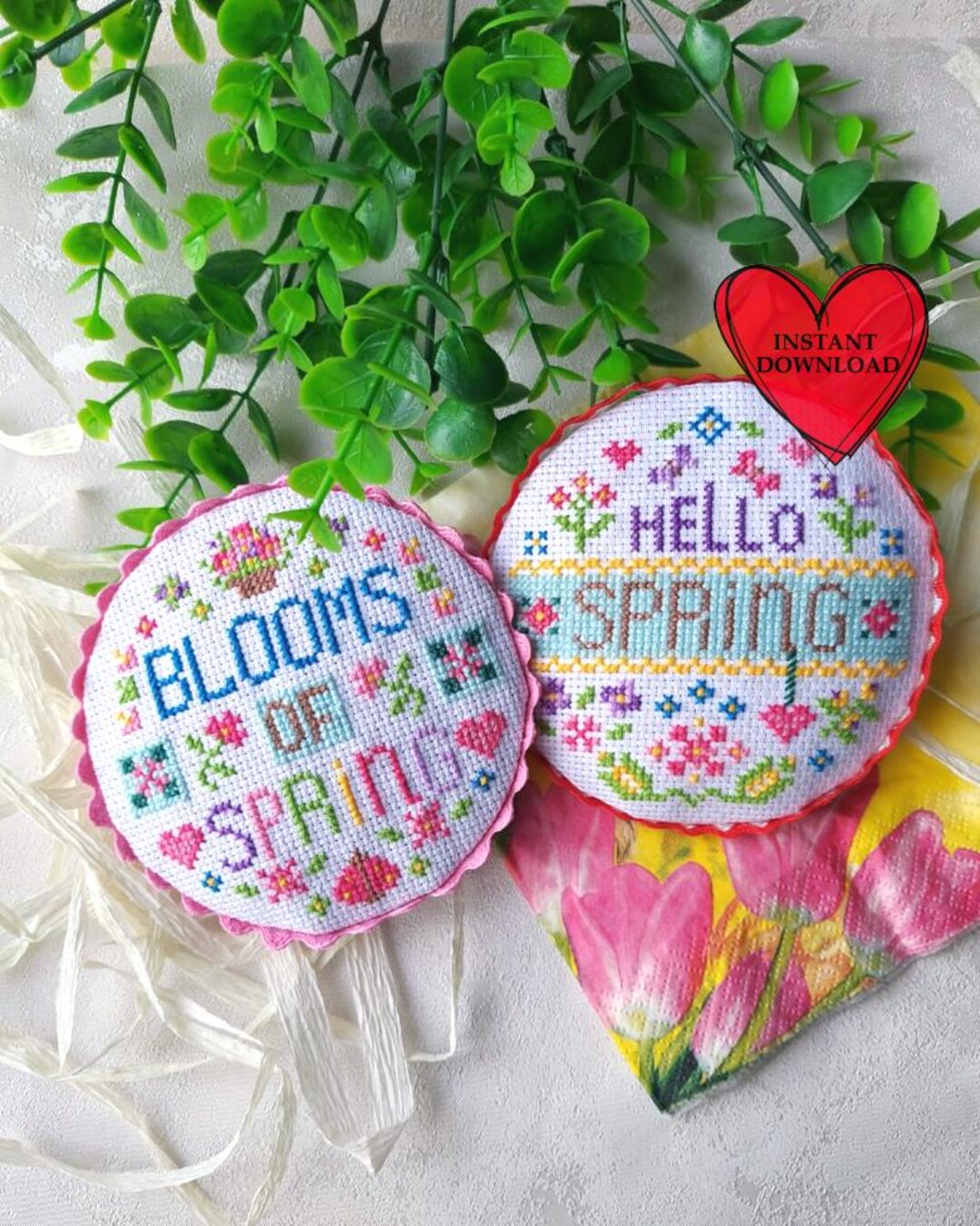 Set of 2 Spring Flowers Cross Stitch Pattern PDF Colorful Embroidery ...