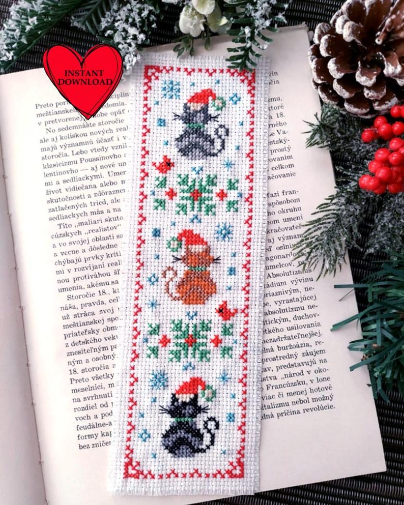 Christmas Cat Bookmark Cross Stitch Pattern PDF Festive Decor Gift ...