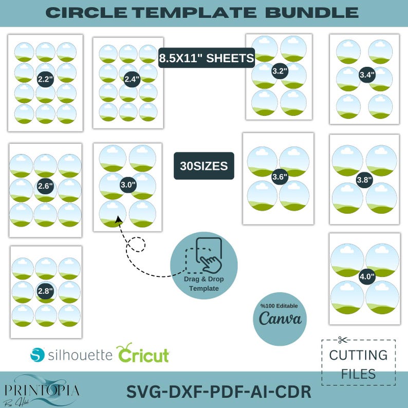 Circle Template Bundle With 30 Sizes, 8.5x11 & 12x12 Sheets, Drag Drop ...