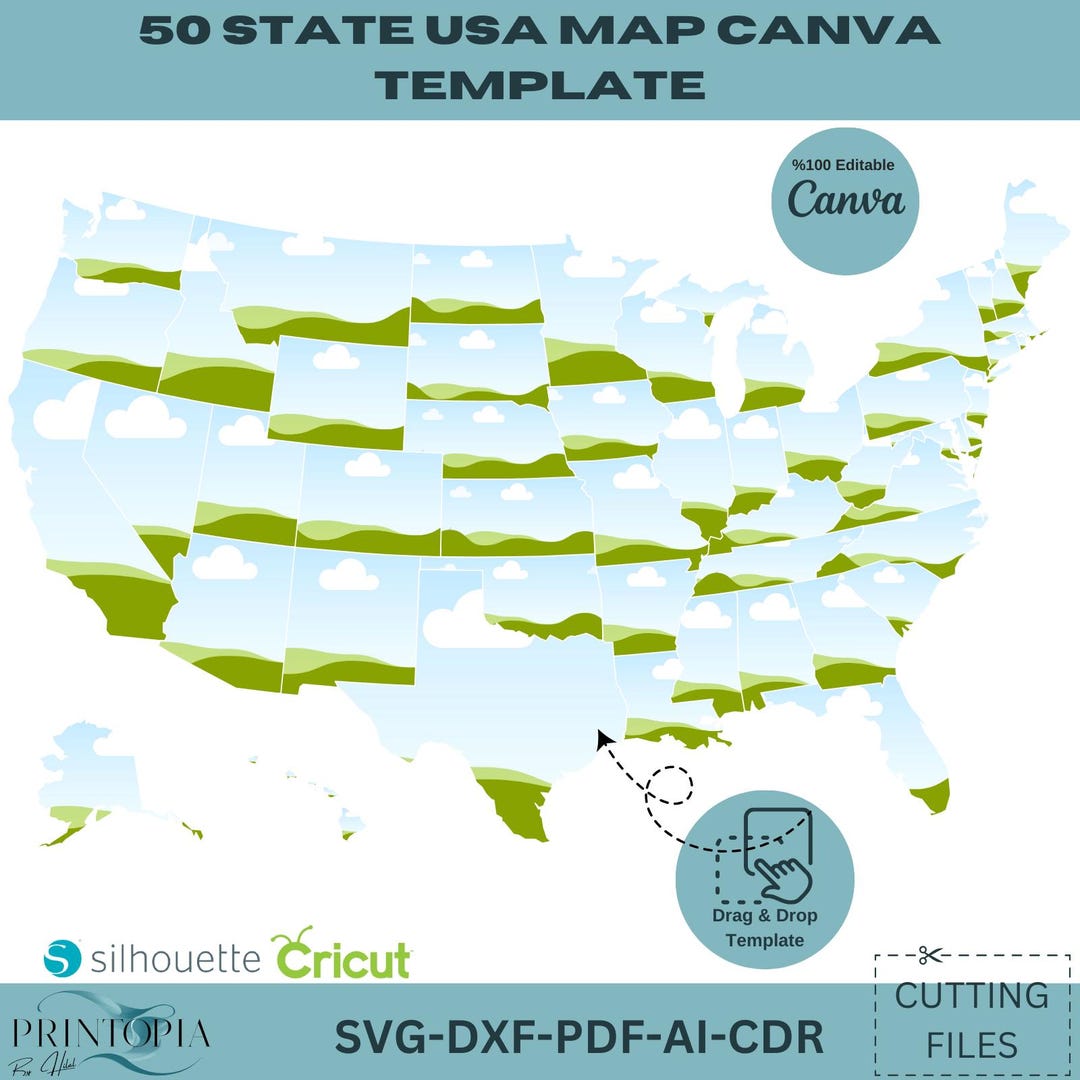 50 State USA Map Canva Template Editable Svg, Dxf, PDF, Ai, CDR Files ...