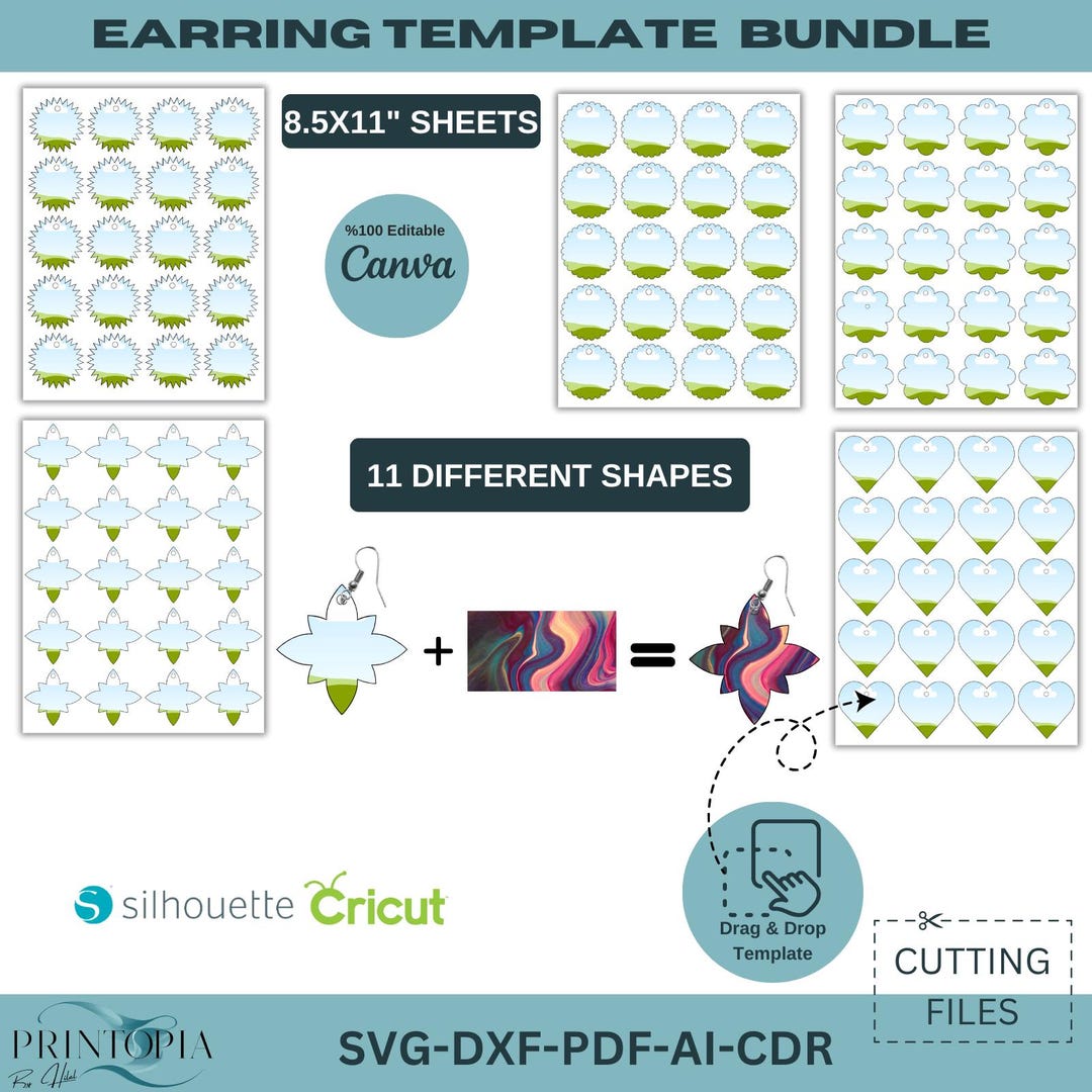 Earring Template Bundle - 11 Shapes for Earrings, Svg, DXF, PDF, Ai ...
