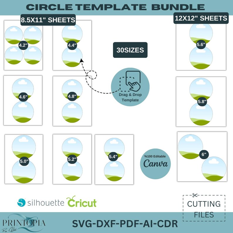 Circle Template Bundle With 30 Sizes, 8.5x11 & 12x12 Sheets, Drag Drop ...