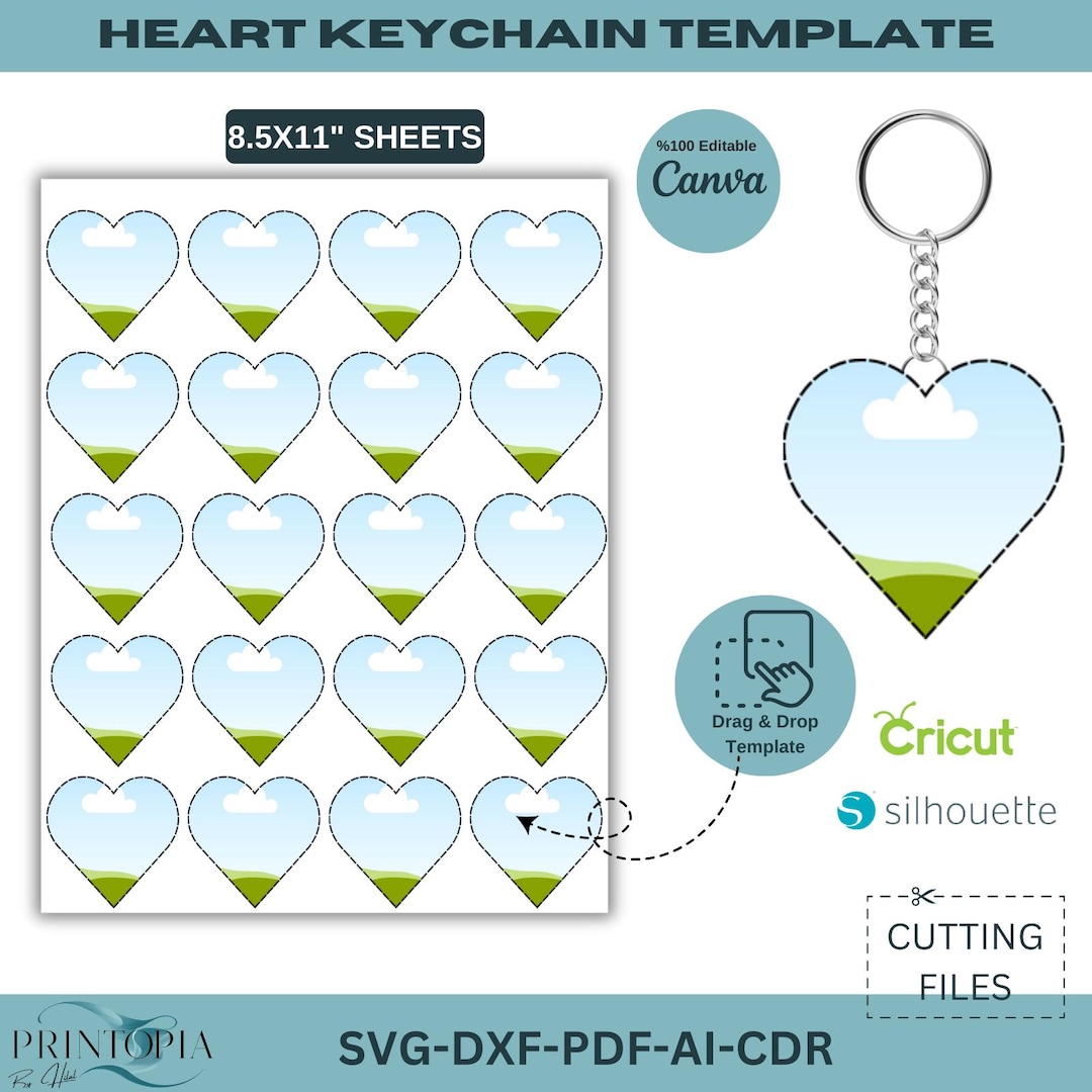 Heart Keychain Template Svg DXF PDF Ai CDR for Cricut Silhouette ...