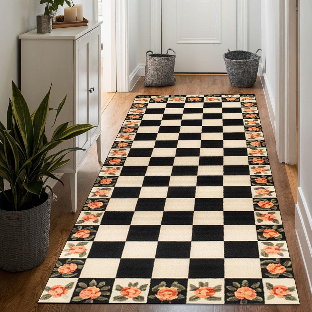 Checkered Runner Rugblack and White With Floral Border,handmade Kilim ...