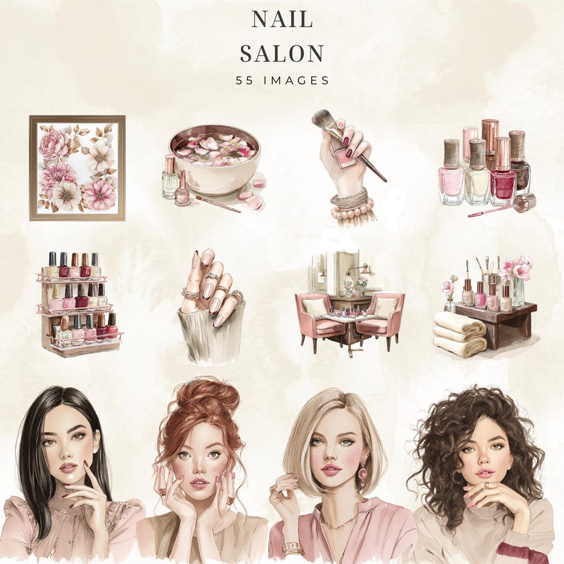Watercolor Nail Salon Decor Clipart Bundle, Self Care Graphics, Pink ...