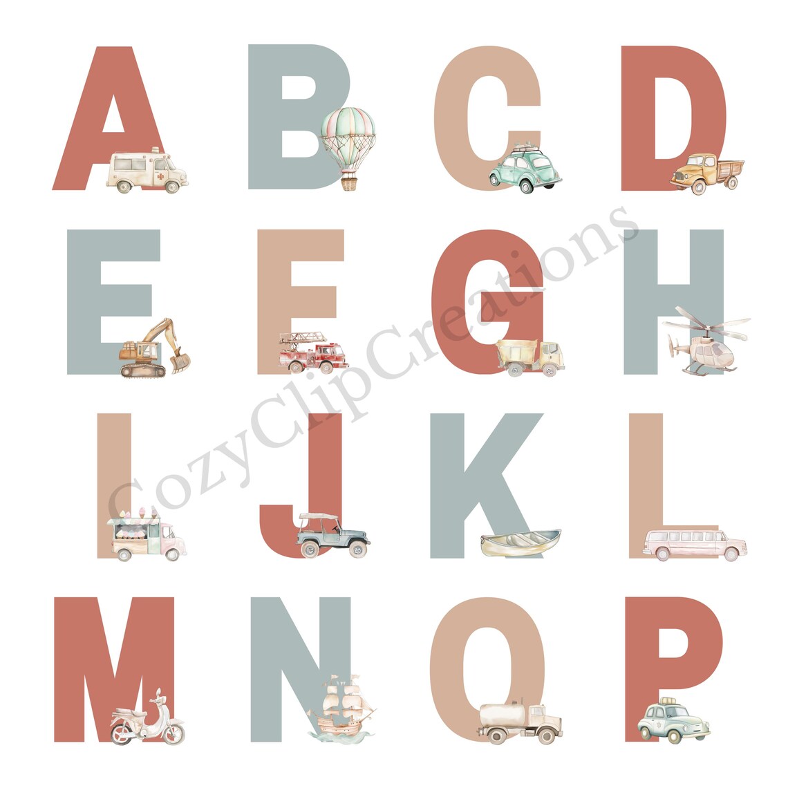 Watercolor Transport Alphabet Clipart Bundle Vehicle Themed PNG Set for ...