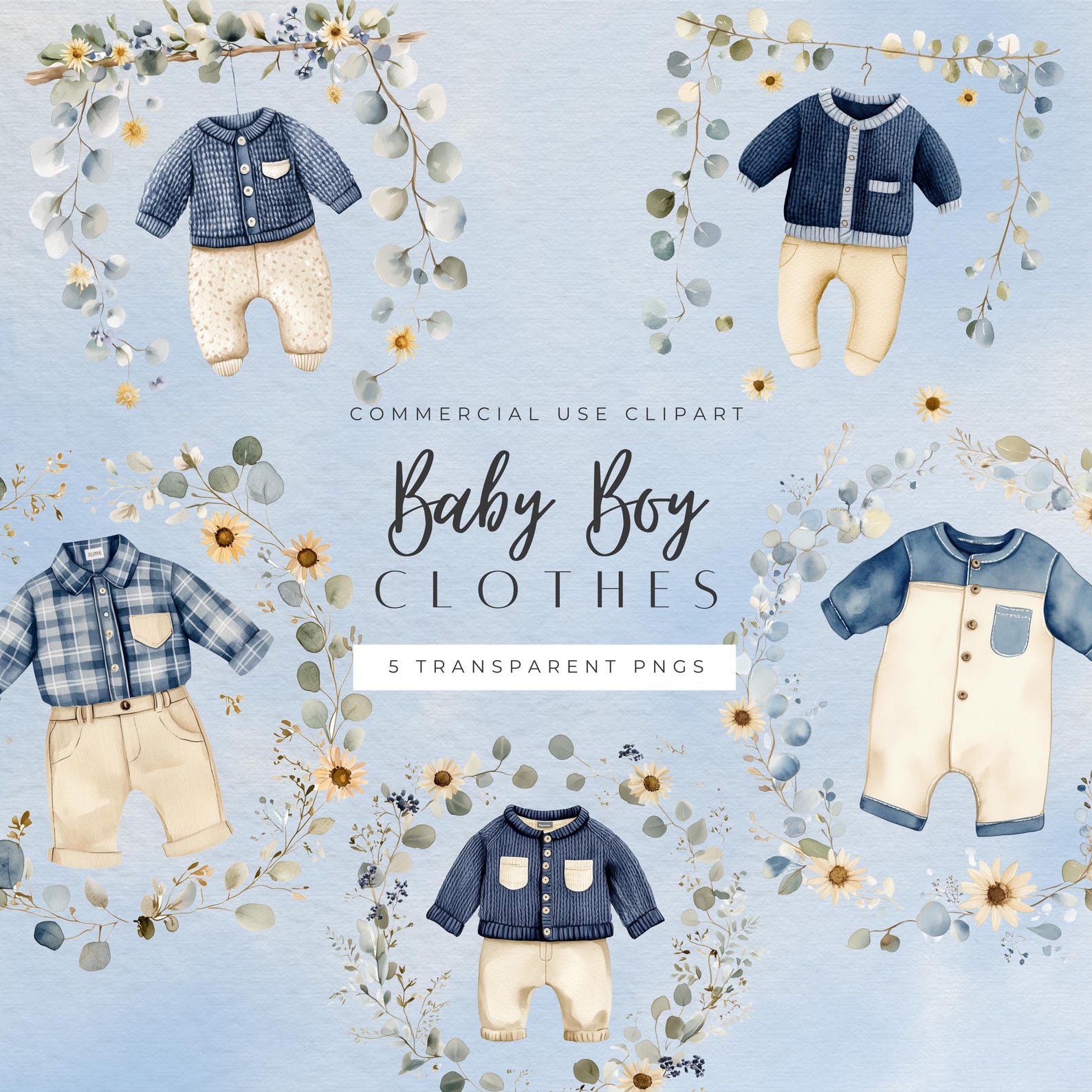Baby Clothes Line Clipart | Boho Boy Clothes Invite | Baby Shower Boy ...