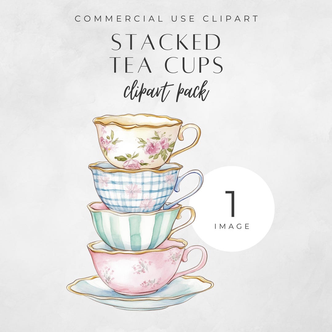 Stacked Tea Cups Clipart, Vintage Watercolor Digital Download for ...
