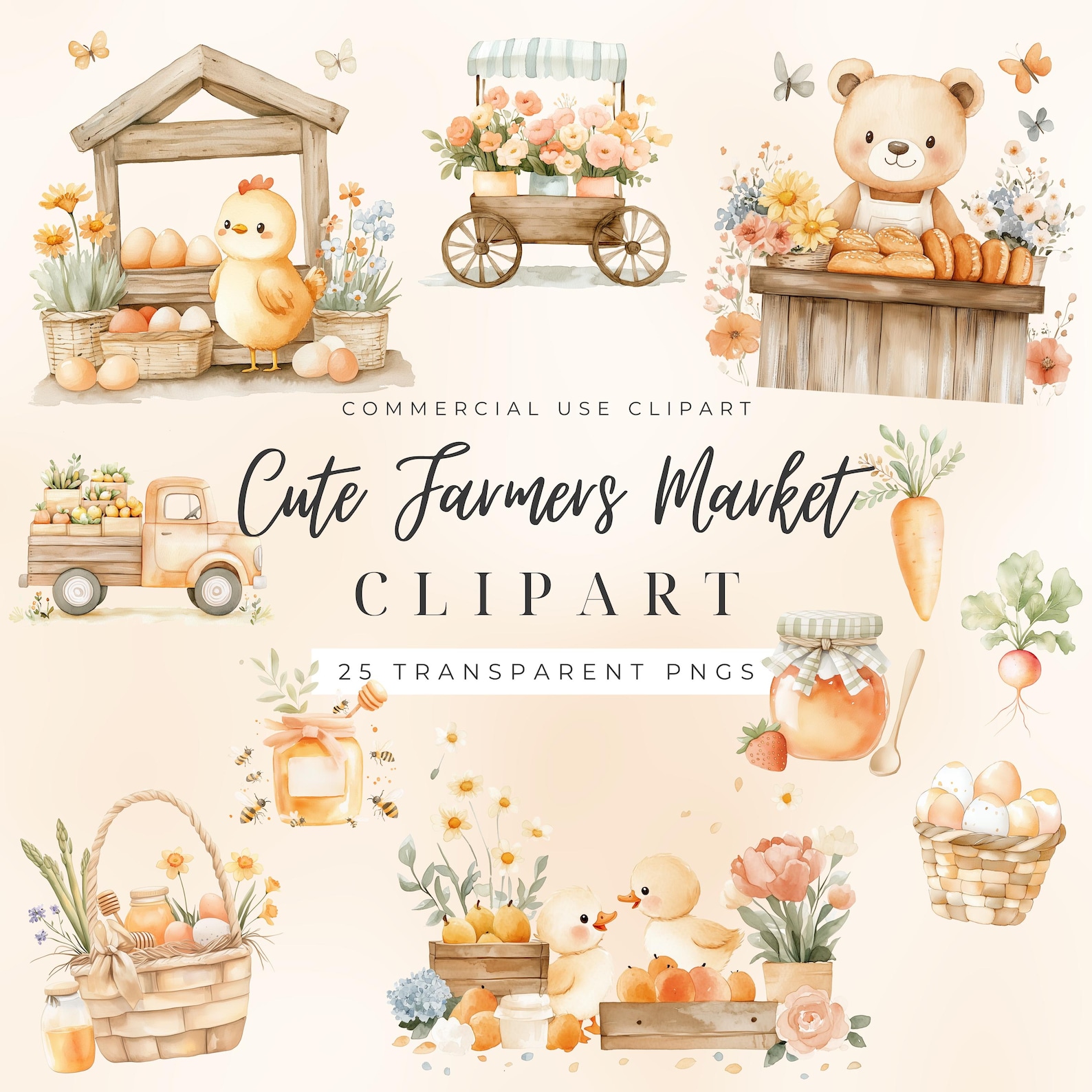 Locally Grown Clipart, Watercolor Farmers Market PNG, Fruit & Vegetable ...