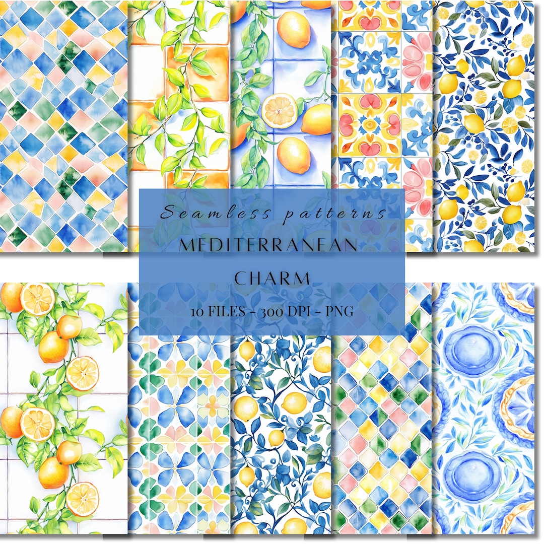 Mediterranean Watercolor Clipart Seamless Patterns | Lemon Ceramic ...
