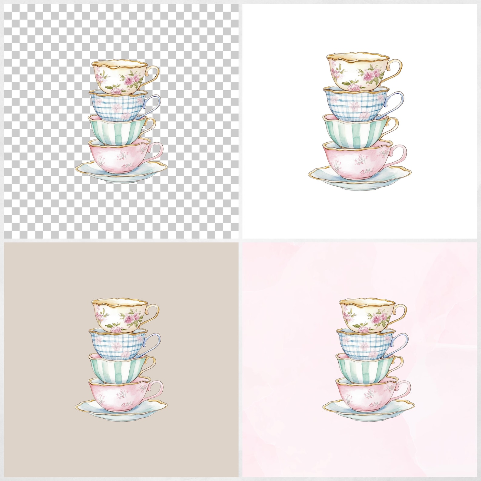 Stacked Tea Cups Clipart, Vintage Watercolor Digital Download for ...