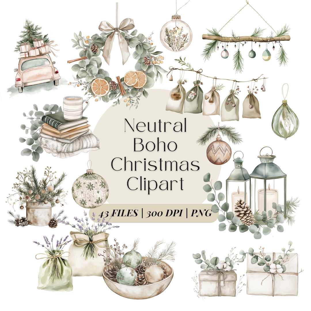 Neutral Boho Christmas Clipart Bundle | Christmas Ornaments PNG ...