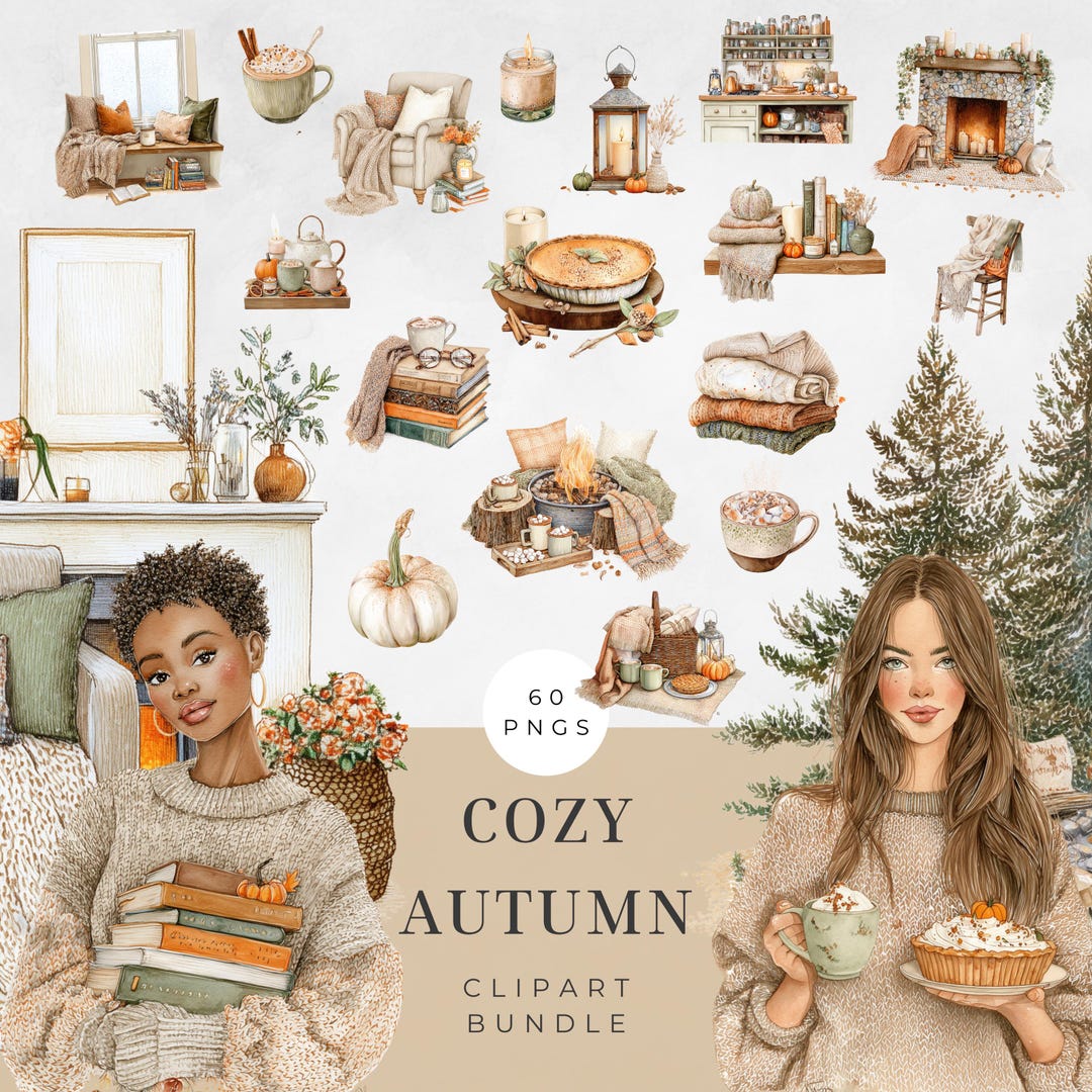 Watercolor Cozy Autumn Clipart Bundle, Fall Season, Seasonal Clipart ...