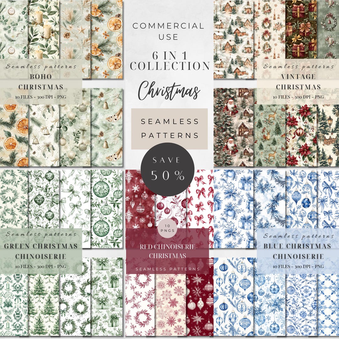 Watercolor Christmas Seamless Patterns Big Bundle | Mega Digital Papers ...