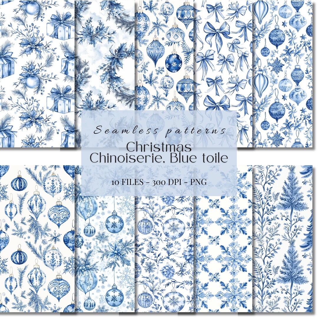 Christmas Chinoiserie Toile De Jouy Seamless Background Patterns | Blue ...