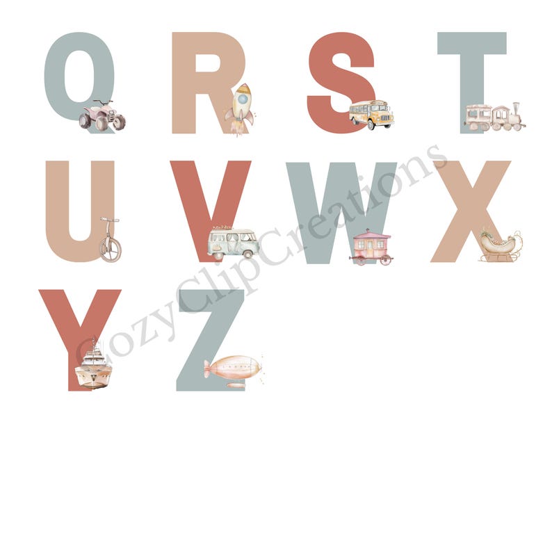 Watercolor Transport Alphabet Clipart Bundle | Vehicle Themed PNG Set ...
