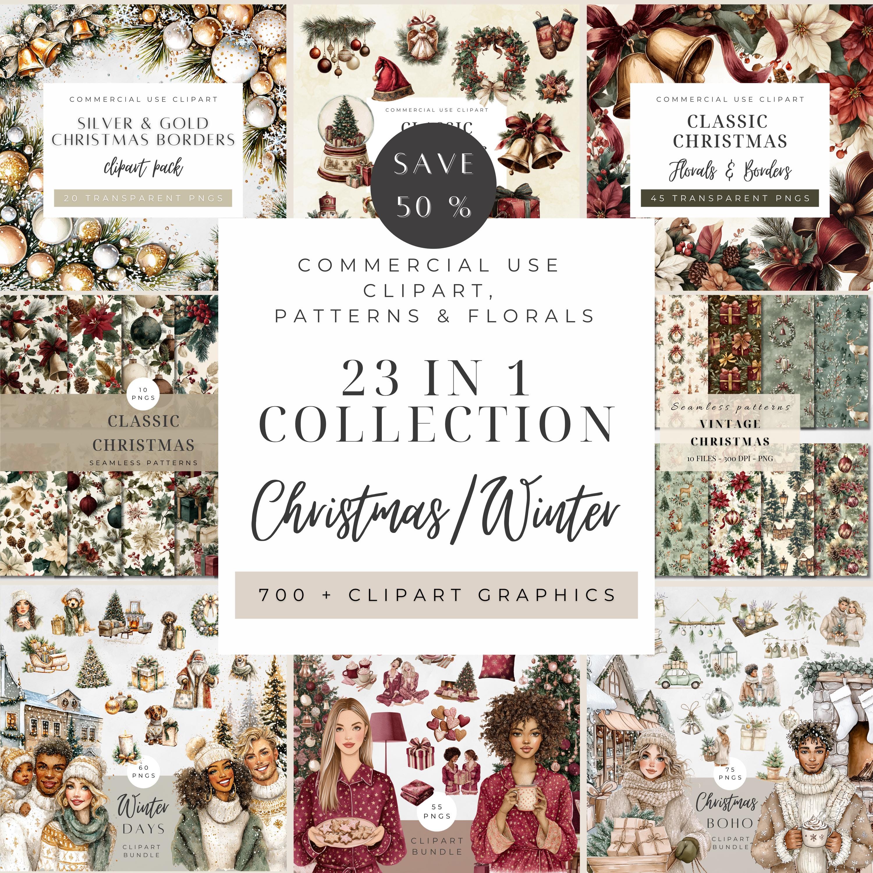 Big Mega Christmas Clipart Bundle, Digital Papers and Seamless Patterns ...