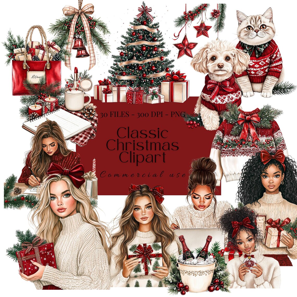 Red Classic Christmas Clipart Bundle | Cozy Winter Pngs for Scrapbooks ...