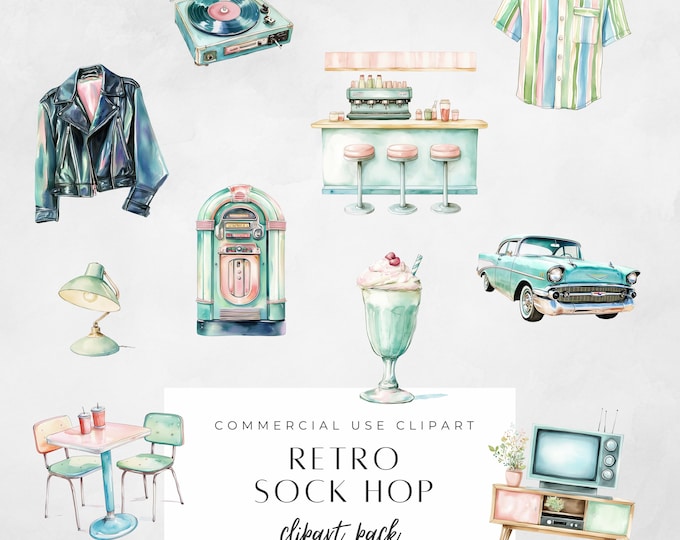 Sock Hop Party Clipart. 50's Retro Diner, Jukebox, Cadillac, Diner Sign ...