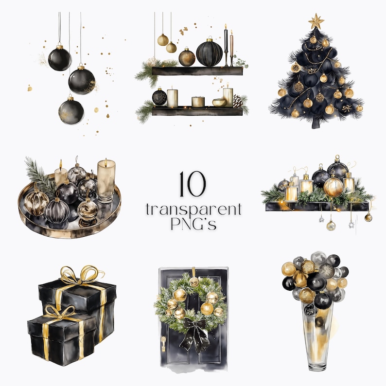 Elegant Christmas Black and Gold Clipart Bundle | Luxury Gold Christmas ...